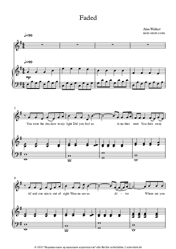 Faded – Alan Walker | Leichte Noten für Klavier & Gesang bei Note-Store.de (PVE0000645)