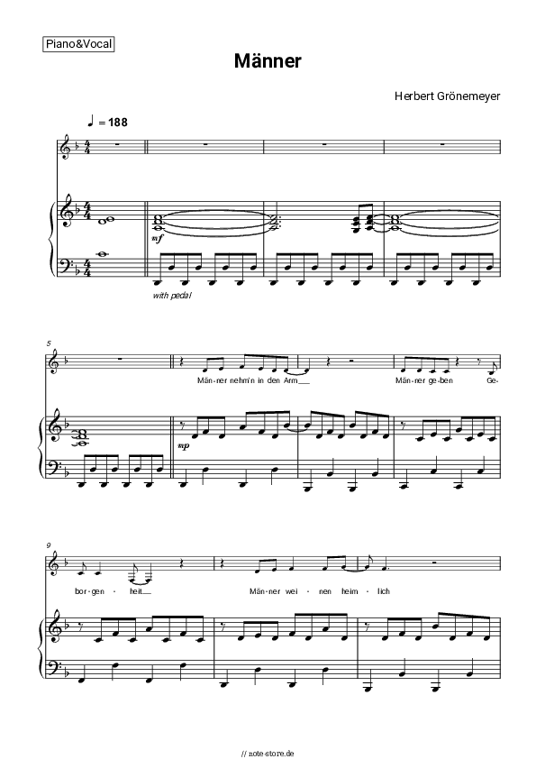 Männer – Herbert Grönemeyer Noten für Klavier und Gesang (mit Text) bei Note-Store.de | Klavier ...