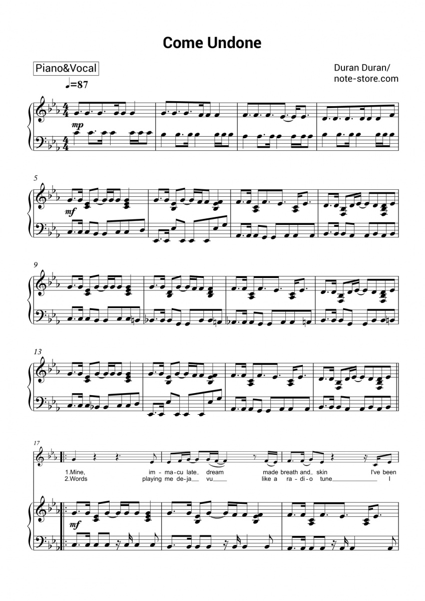 Duran Duran - Come Undone Noten für Piano downloaden für Anfänger ...
