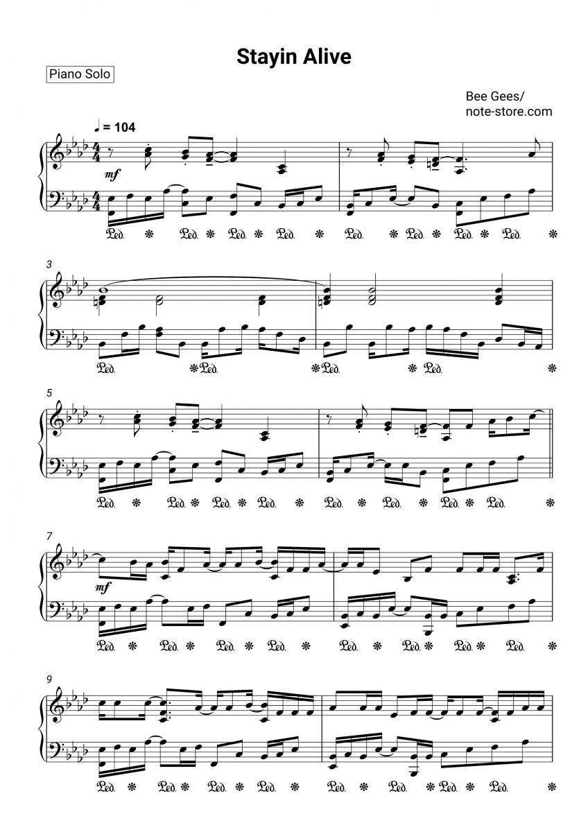 Bee Gees - Stayin' Alive Noten für Piano downloaden für Anfänger Klavier.Solo SKU PSO0013896