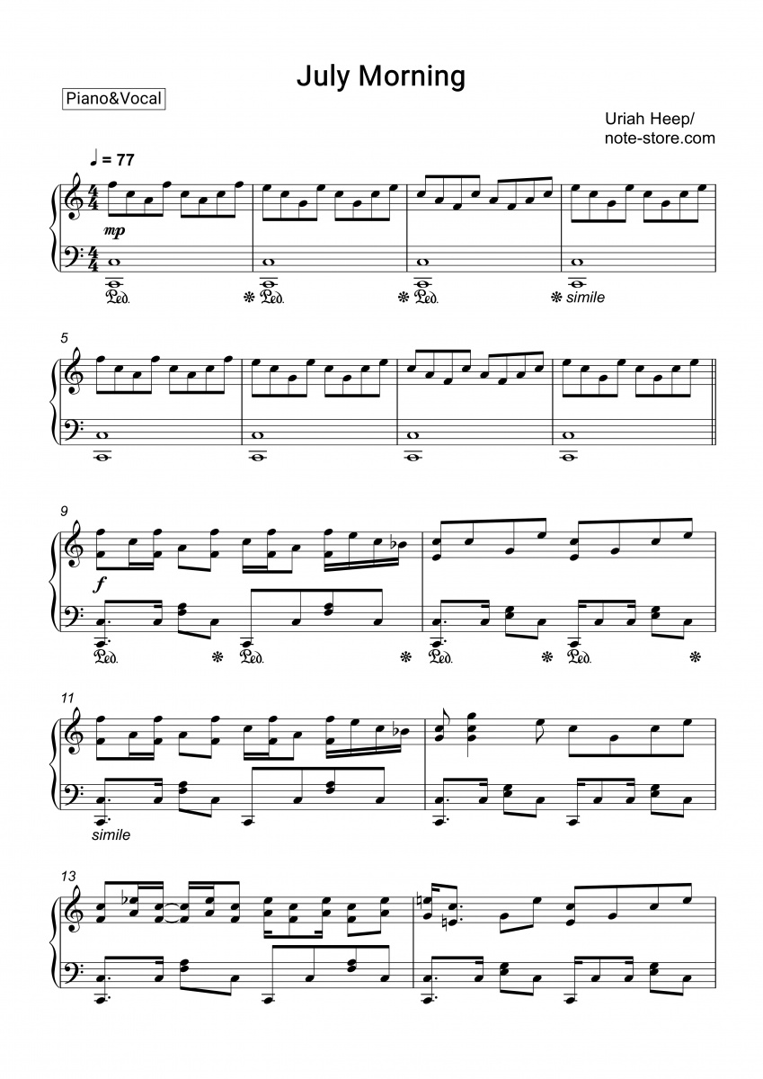 Uriah Heep - July Morning Noten für Piano downloaden für Anfänger ...