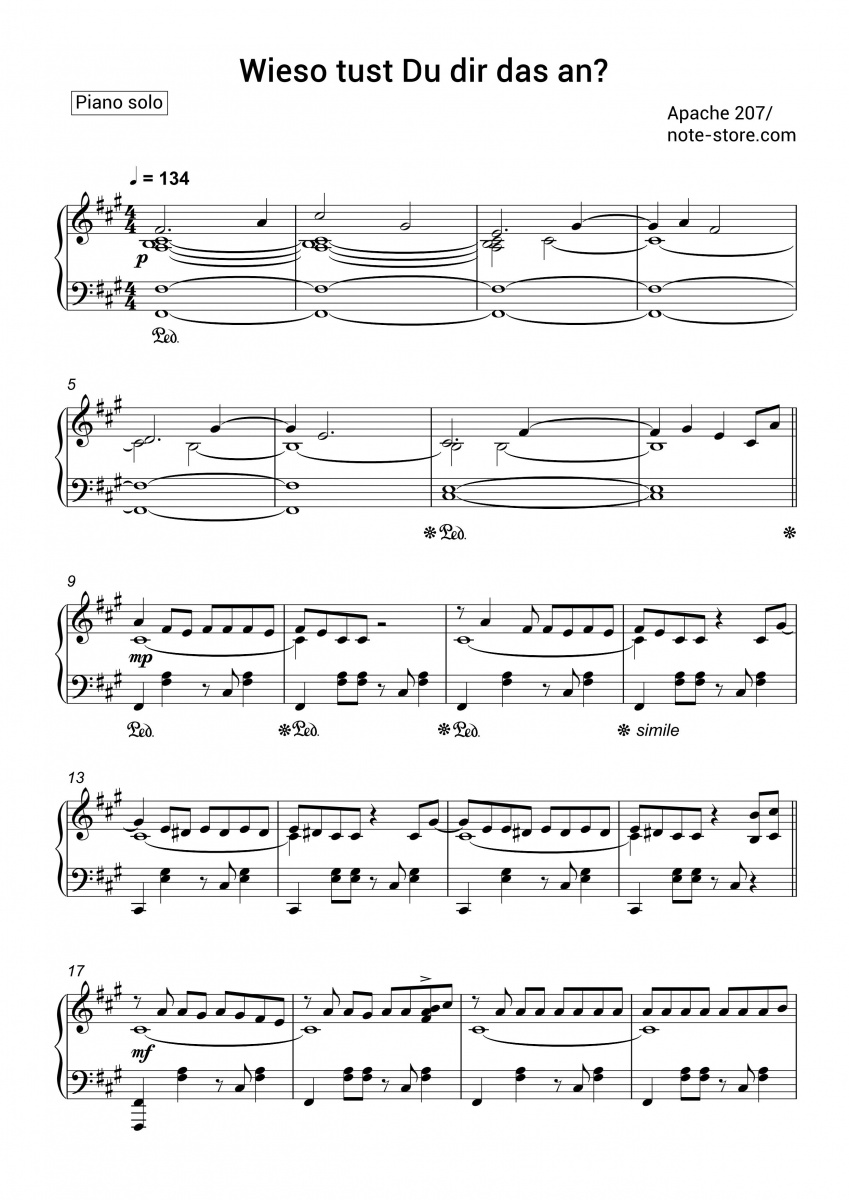 Apache 207 - Wieso tust Du dir das an? Noten für Piano downloaden für Anfänger Klavier.Solo SKU ...