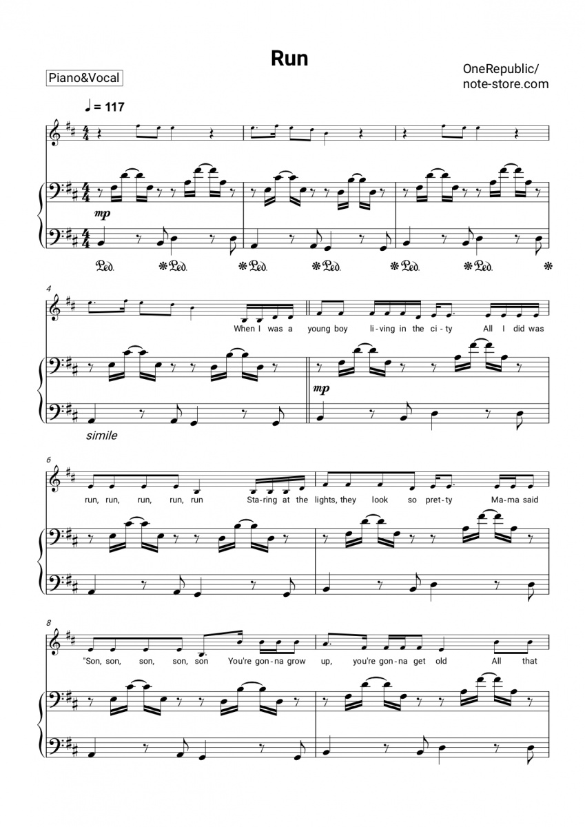 OneRepublic - Run Noten für Piano downloaden für Anfänger Klavier ...