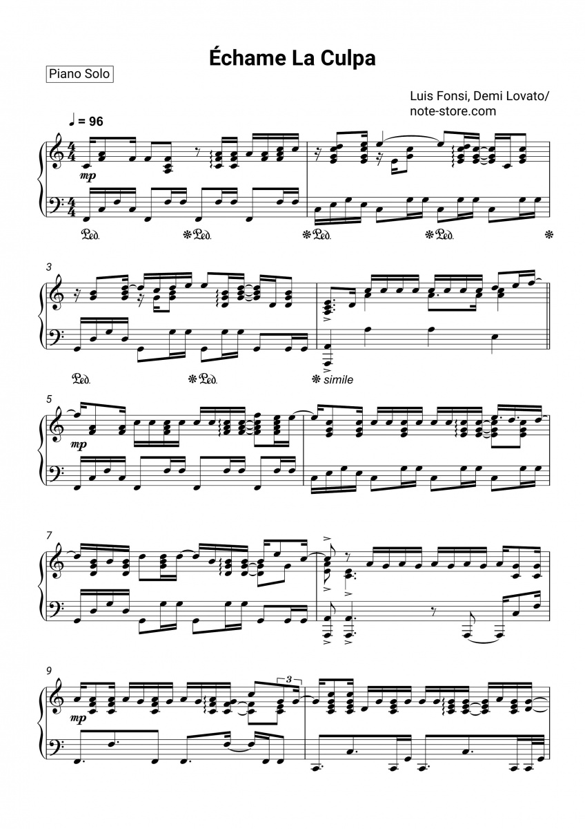 Luis Fonsi, Demi Lovato - Échame La Culpa Noten für Piano downloaden ...