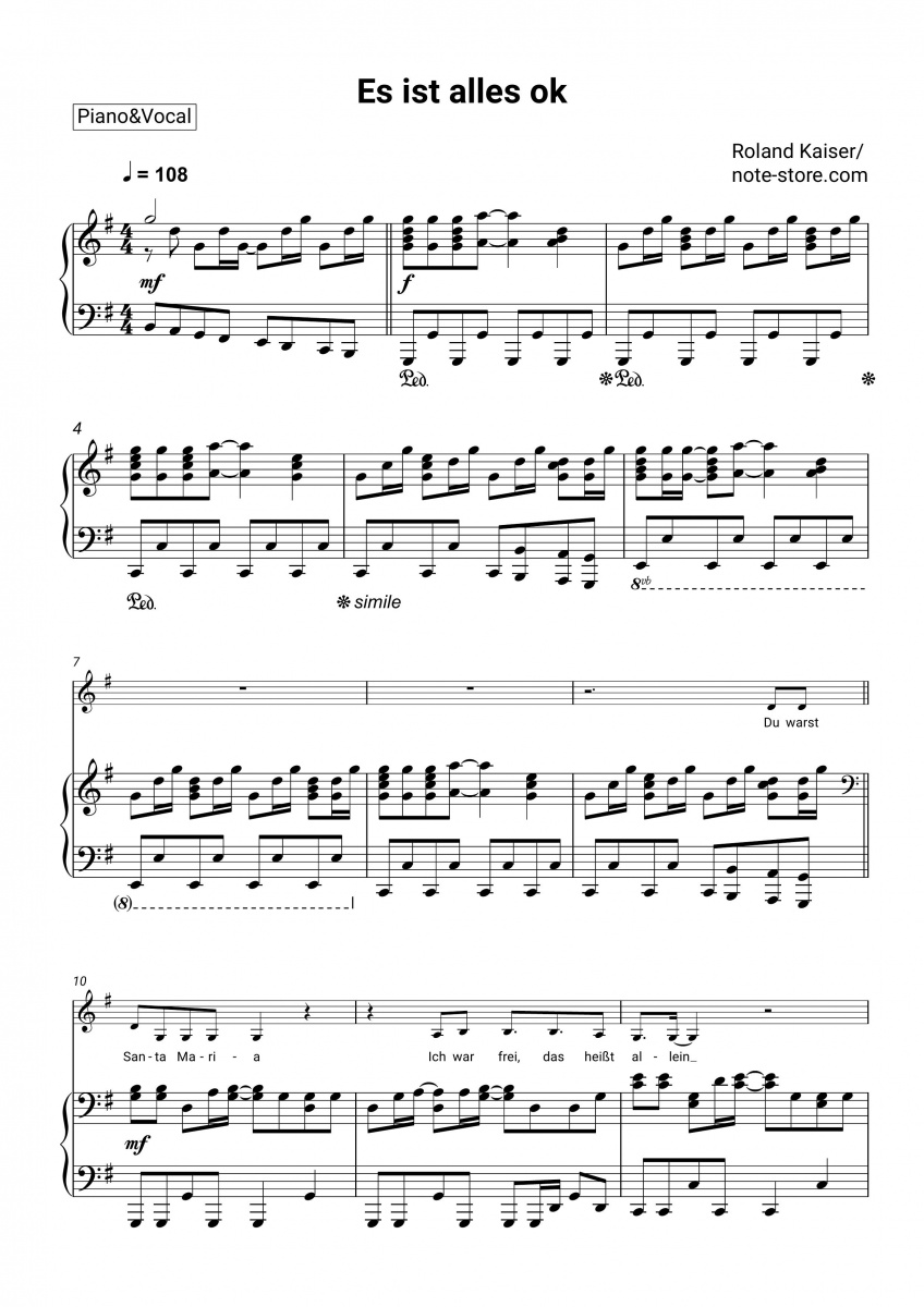 Roland Kaiser - Es ist alles ok Noten für Piano downloaden für Anfänger Klavier&Gesang SKU ...