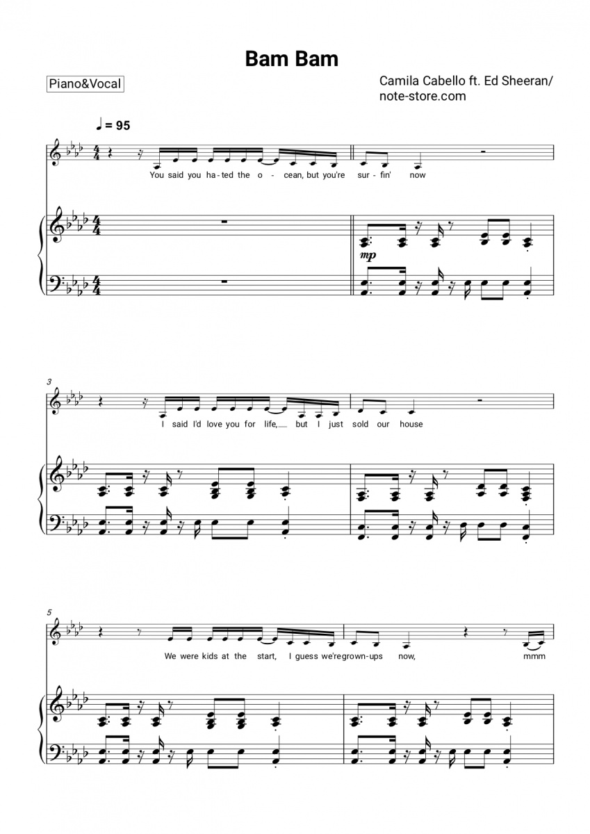 Camila Cabello, Ed Sheeran - Bam Bam Noten für Piano downloaden für Anfänger Klavier&Gesang SKU ...