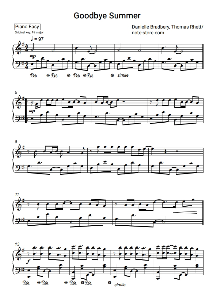 Danielle Bradbery, Thomas Rhett - Goodbye Summer Noten für Piano downloaden für Anfänger Klavier ...