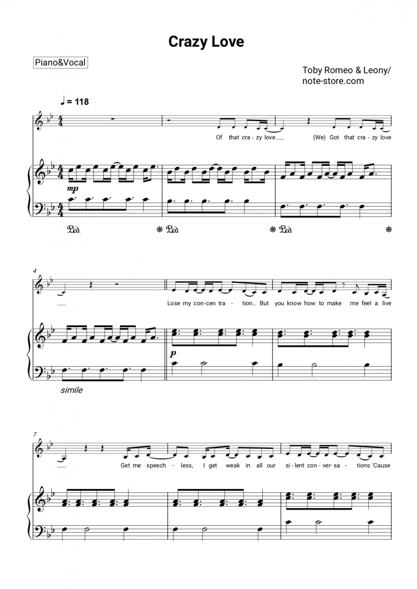 Toby Romeo, Leony - Crazy Love Noten für Piano downloaden für Anfänger ...