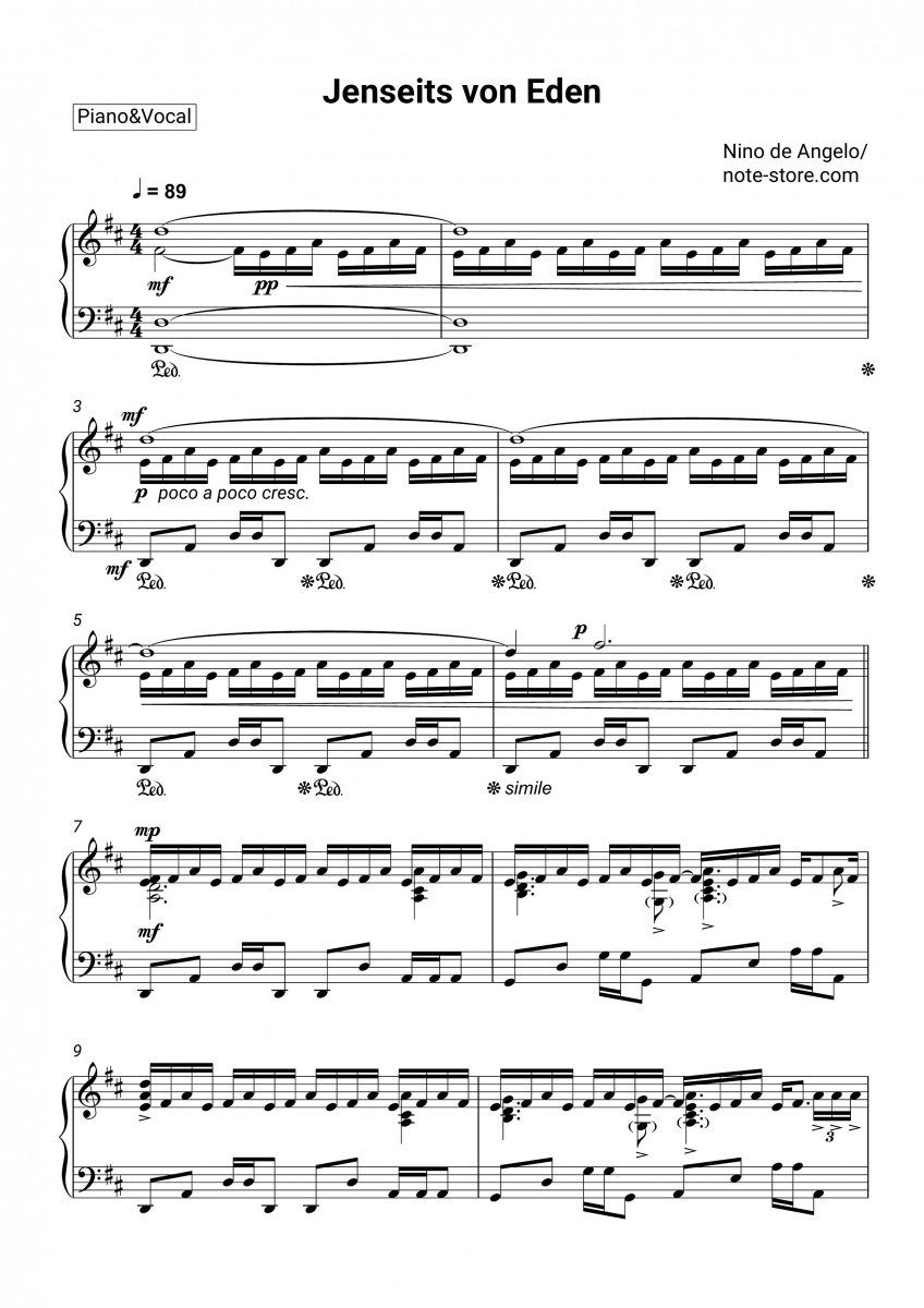 Nino de Angelo - Jenseits von Eden Noten für Piano downloaden für ...