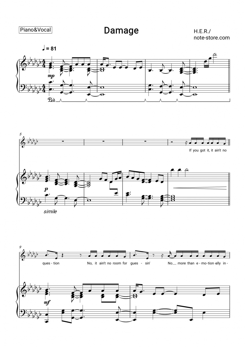 H.E.R. - Damage Noten für Piano downloaden für Anfänger Klavier&Gesang ...