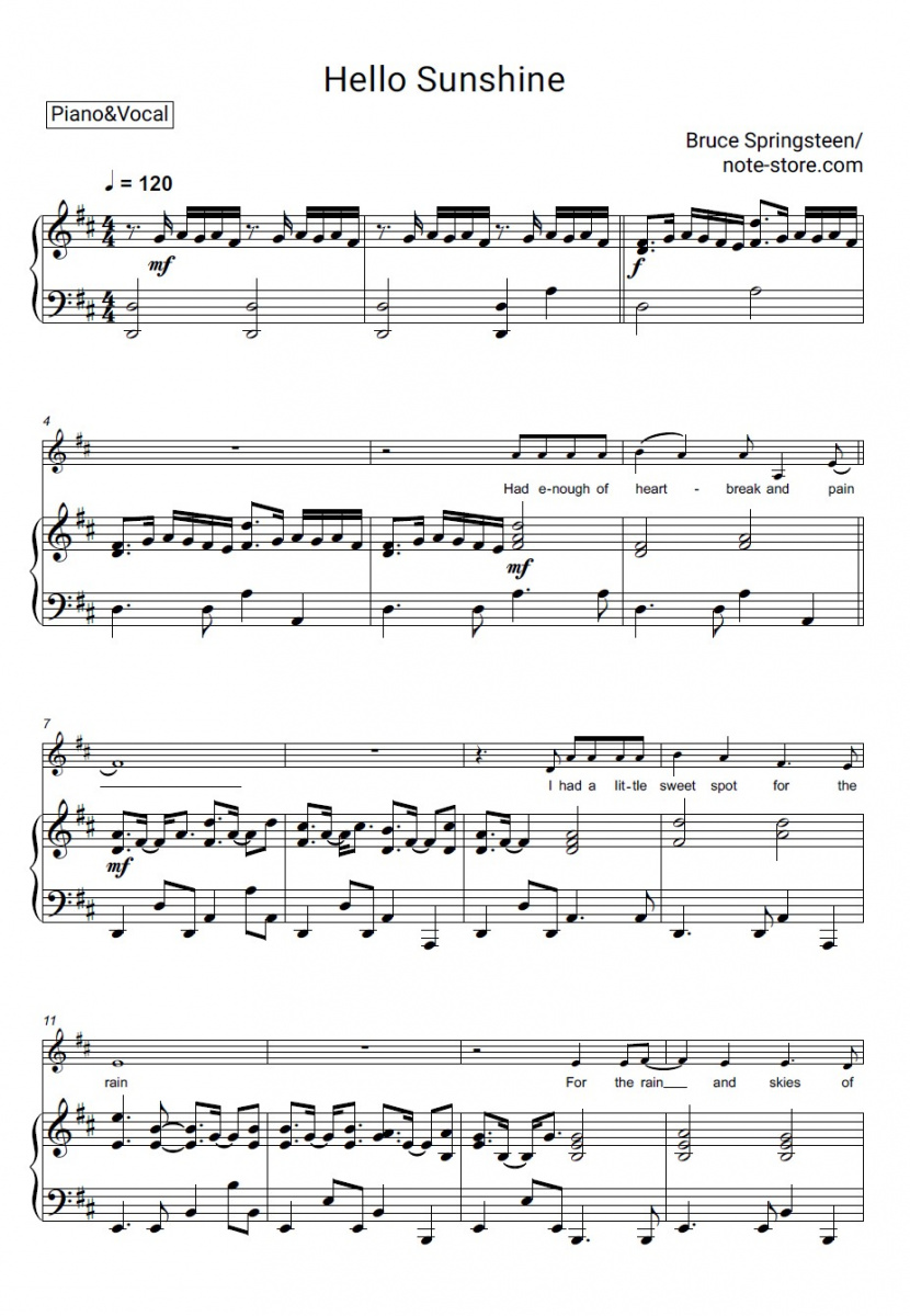 Bruce Springsteen - Hello Sunshine Noten für Piano downloaden für ...