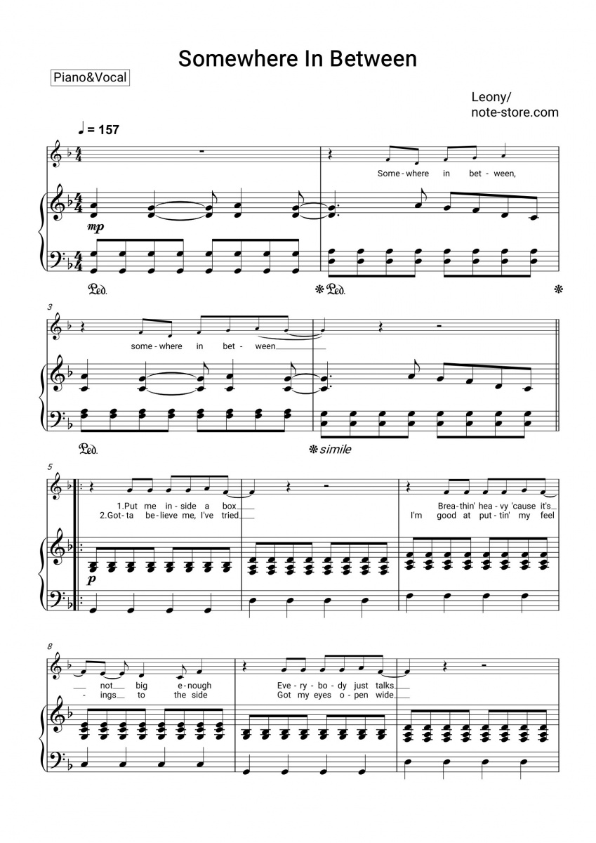 Leony - Somewhere in Between Noten für Piano downloaden für Anfänger Klavier&Gesang SKU PVO0106161