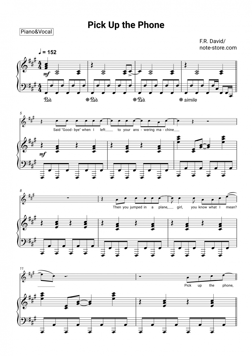 F. R. David - Pick Up the Phone Noten für Piano downloaden für Anfänger ...