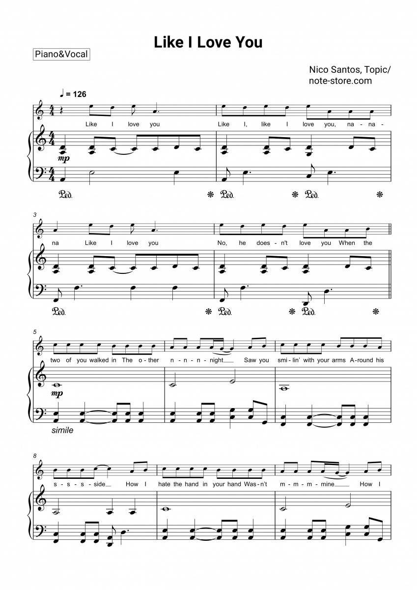 Nico Santos, Topic - Like I Love You Noten für Piano downloaden für ...