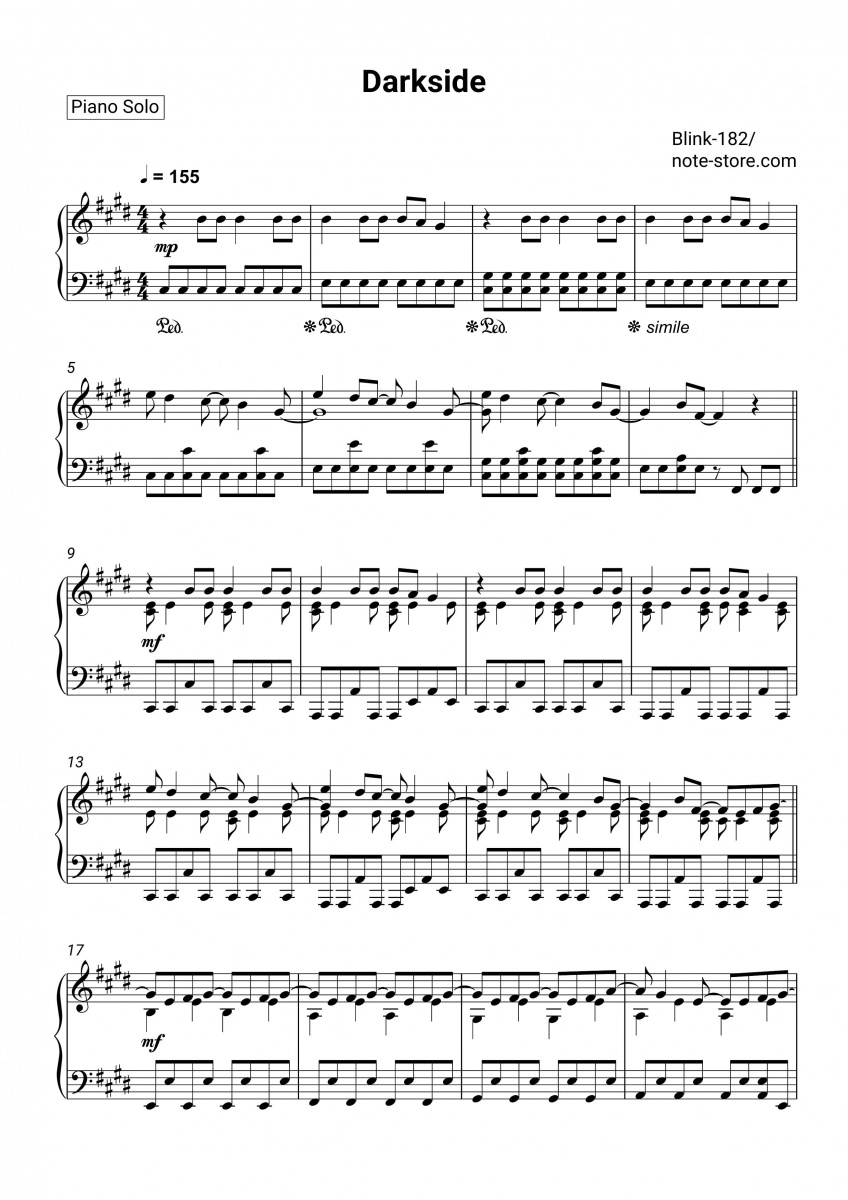 Blink-182 - Darkside Noten für Piano downloaden für Anfänger Klavier ...