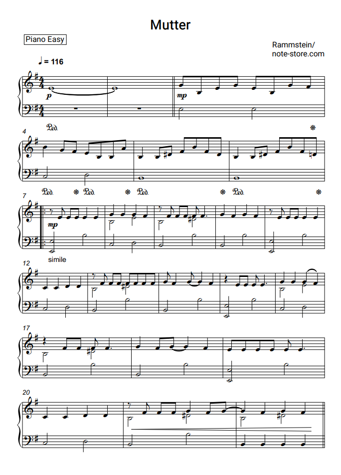 Rammstein - Mutter Noten für Piano downloaden für Anfänger Klavier.Easy ...