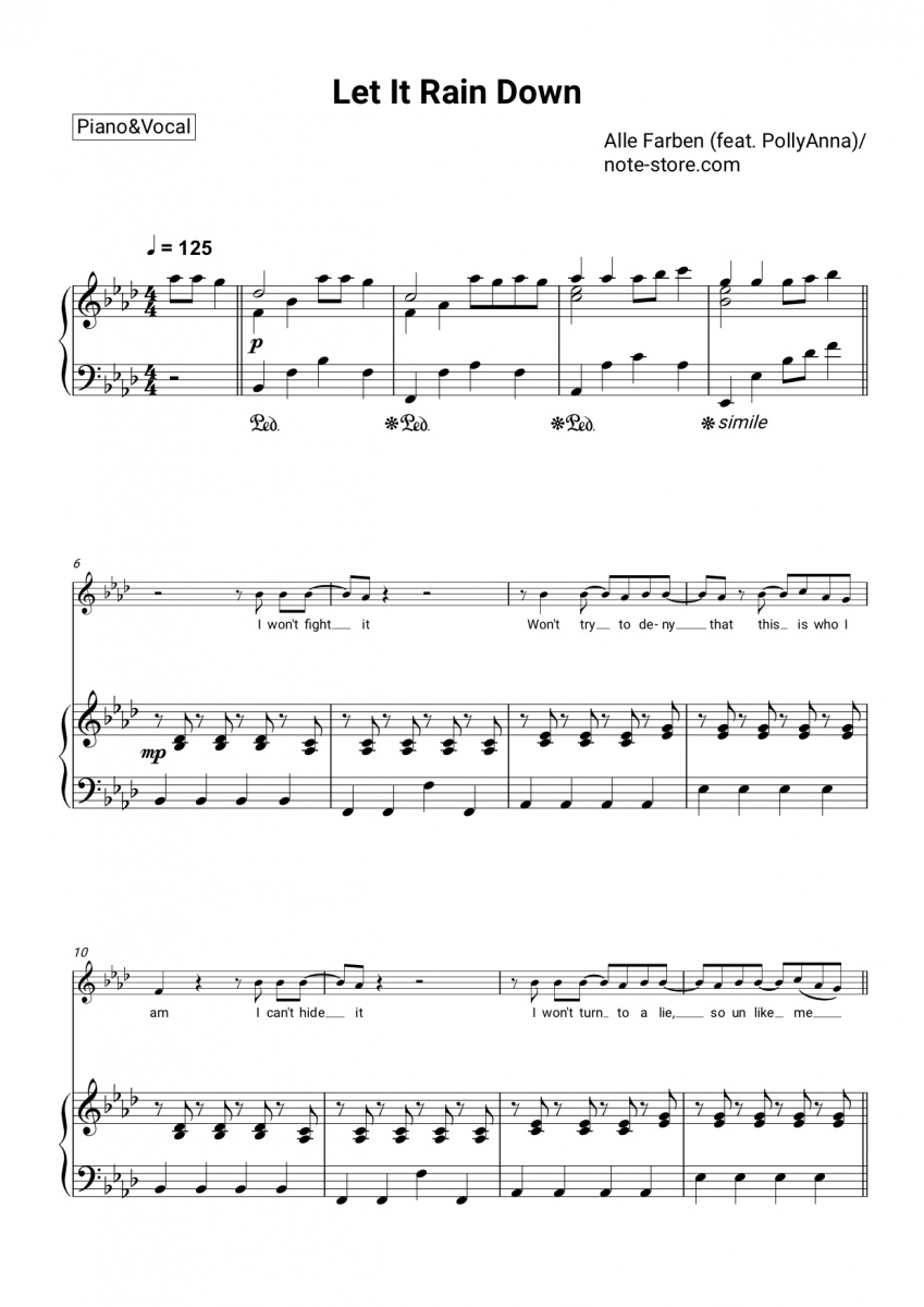 Alle Farben, PollyAnna - Let It Rain Down ноты для фортепиано в Note ...